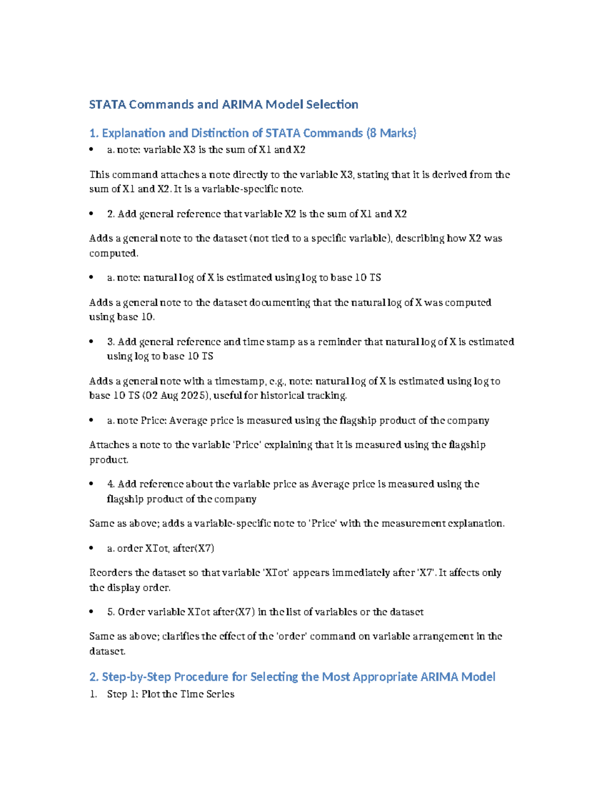 STATA Commands & ARIMA Model Selection: Key Notes & Procedures - Studocu