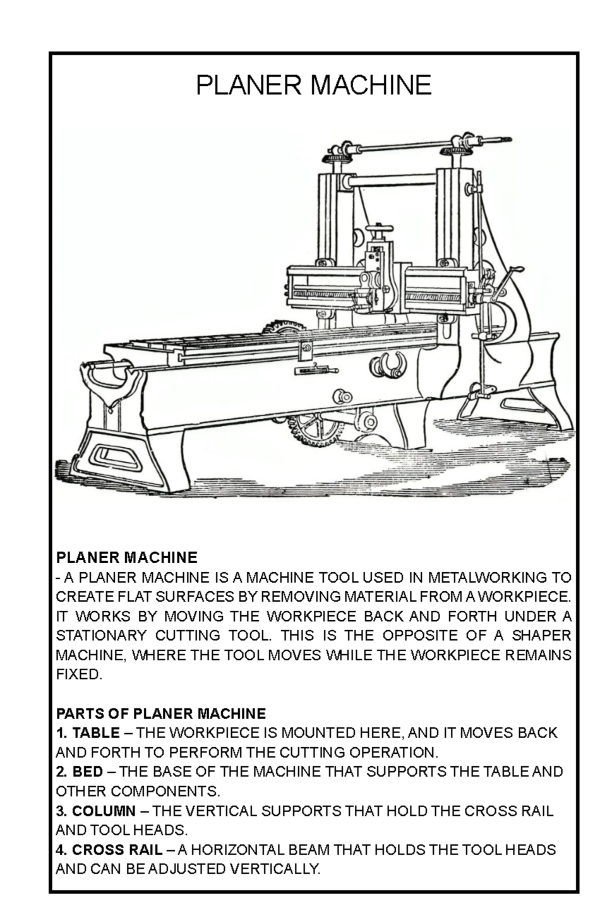 Planer Machine - PLANER MACHINE PLANER MACHINE - A PLANER MACHINE IS A MACHINE TOOL USED IN ...