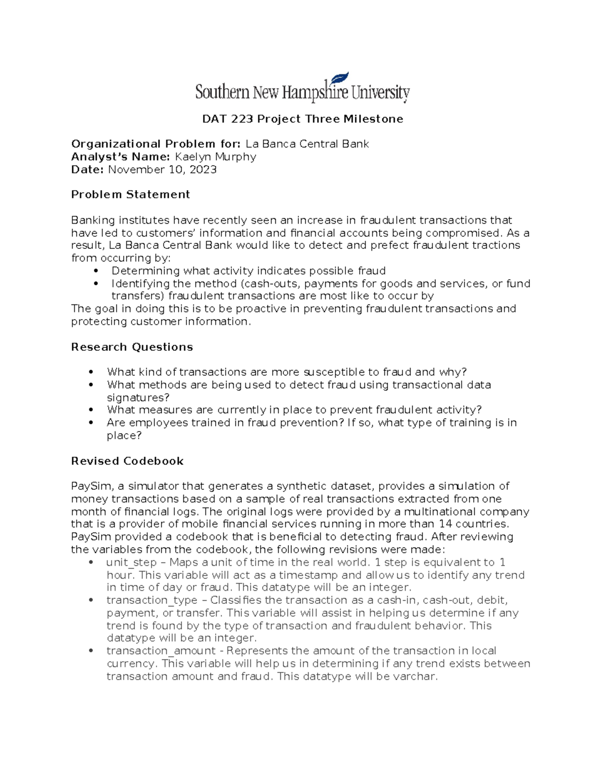 DAT 223 Project Three Milestone: Fraud Detection Strategy for La Banca ...