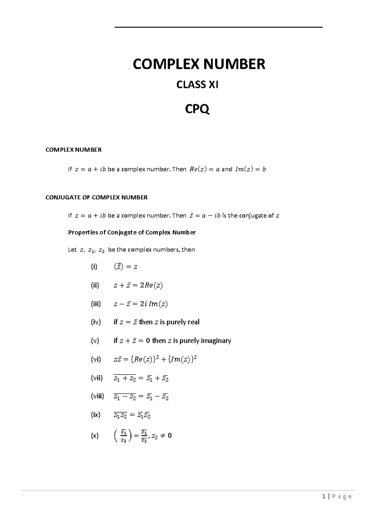 Resonance Complex Number Class XI CPQ Notes - Studocu