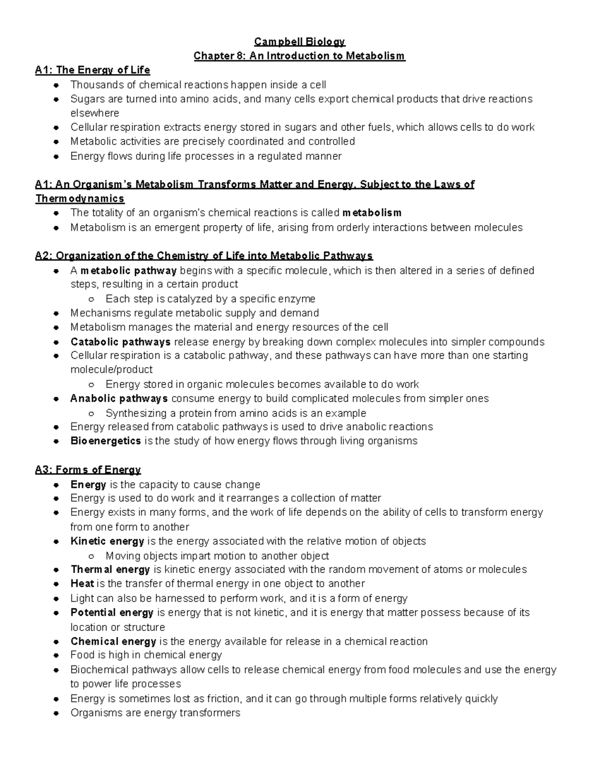 AP Biology Chapter 8: Metabolism and Energy Dynamics Notes - Studocu