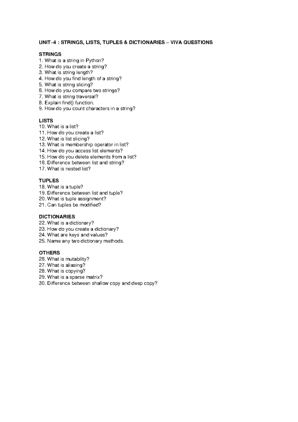 Unit 4 Viva Questions: Strings, Lists, Tuples & Dictionaries - Studocu