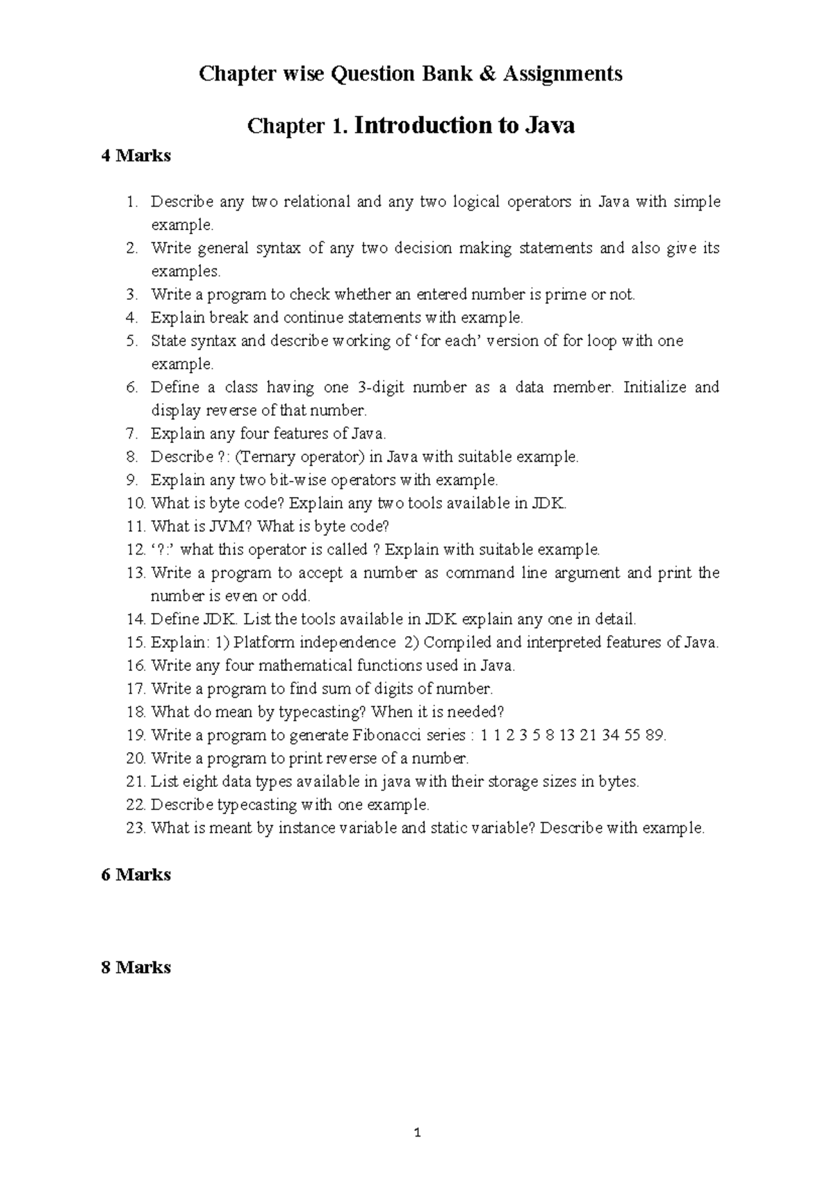 Chapter 1: Introduction to Java - Question Bank Assignments - Studocu