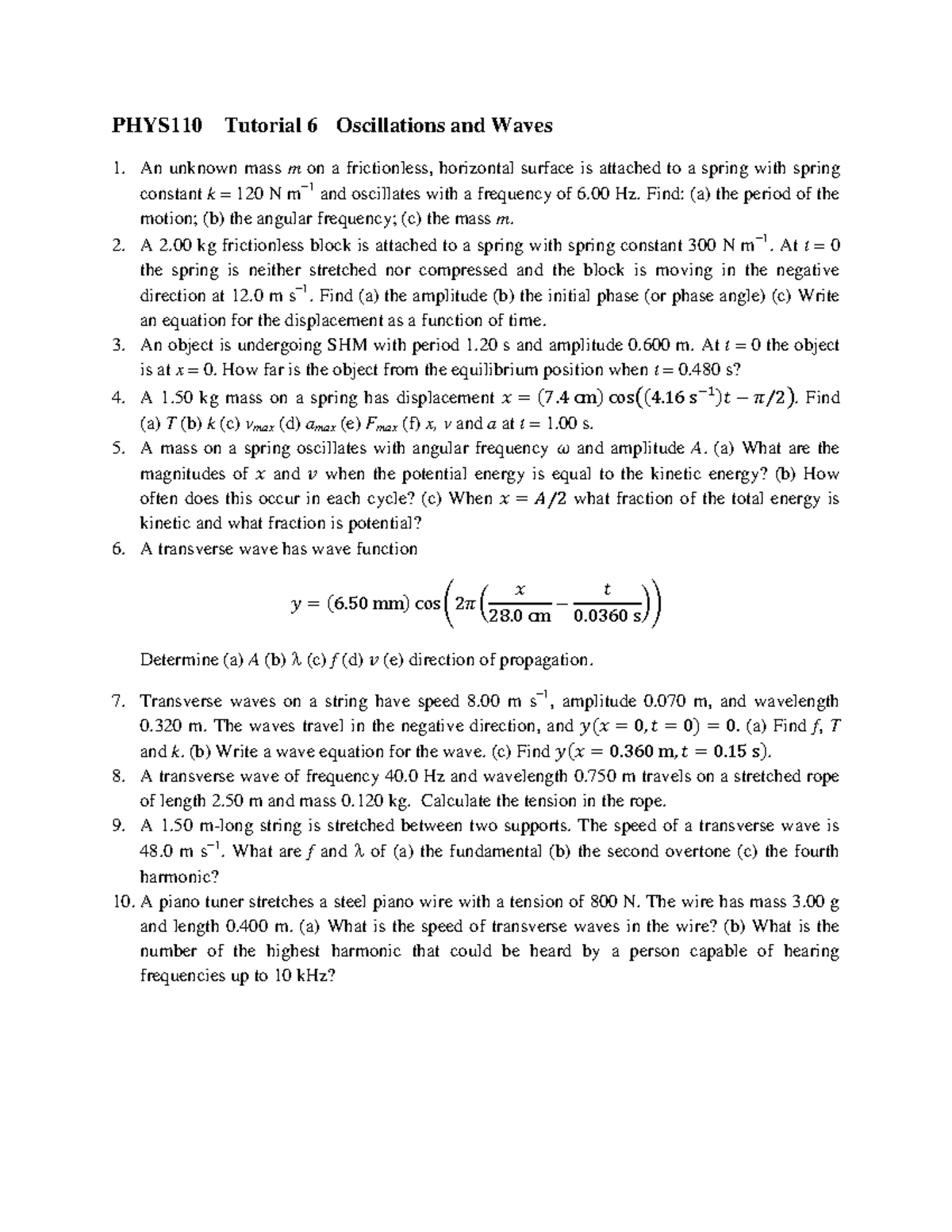 PHYS120 Tutorial 6: Questions on Oscillations and Waves - Studocu