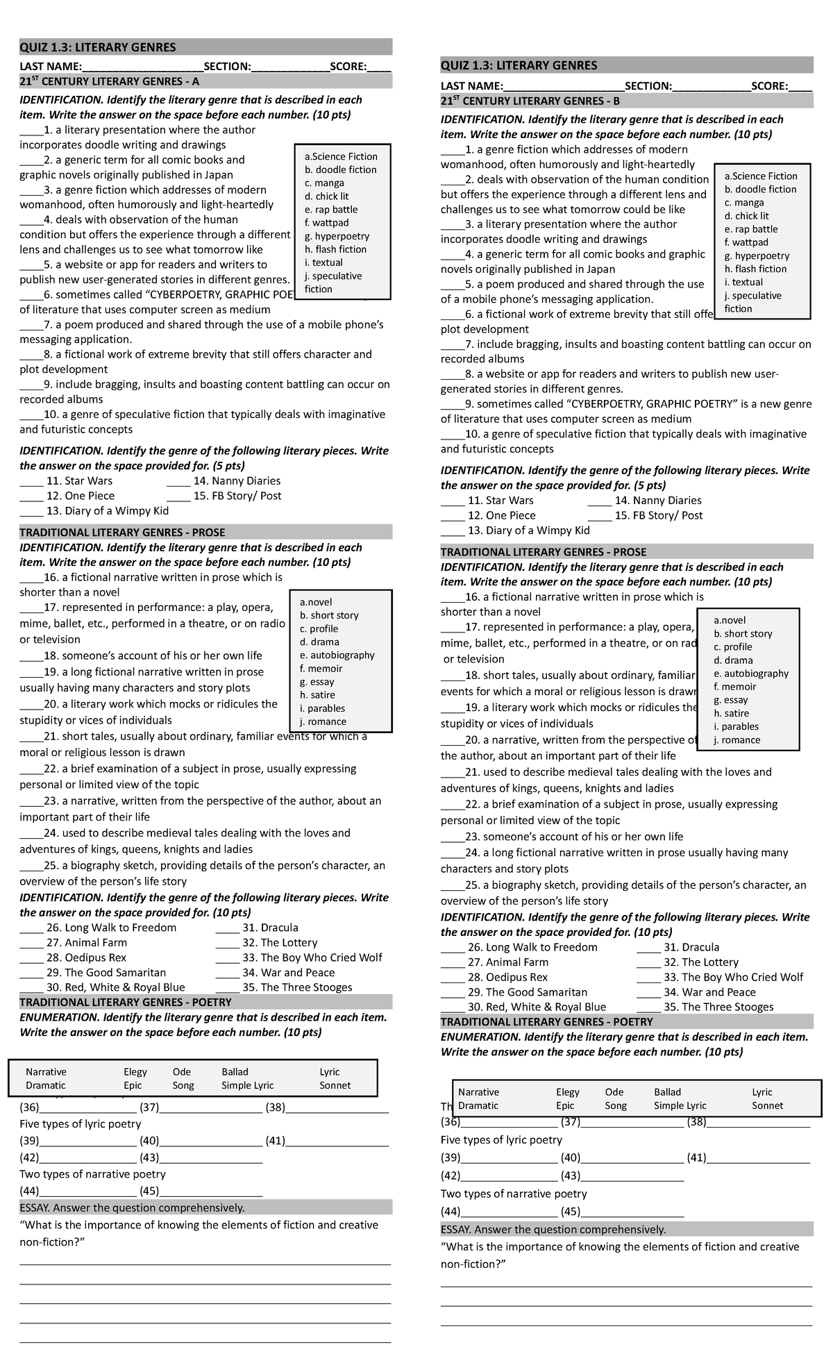 Literary Genres Quiz - Quiz - QUIZ 1: LITERARY GENRES LAST - Studocu