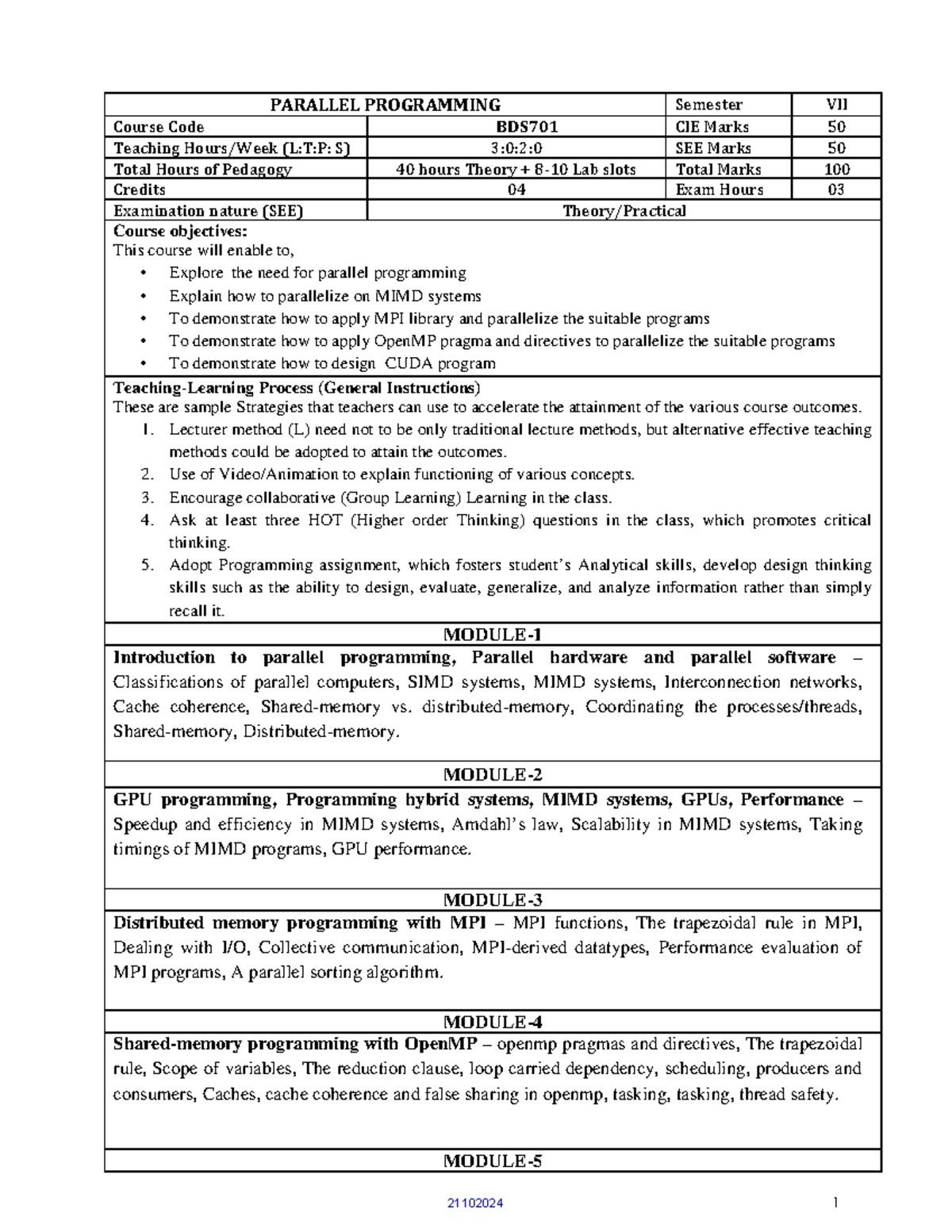 BDS701 Parallel Programming Syllabus & Assessment Details - Studocu