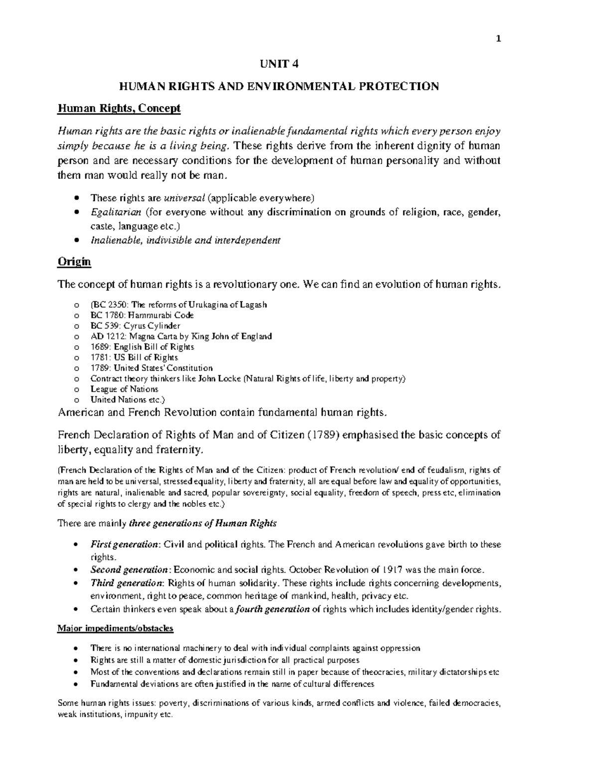 HUMAN RIGHTS AND ENVIRONMENTAL PROTECTION (Unit 4) - Studocu