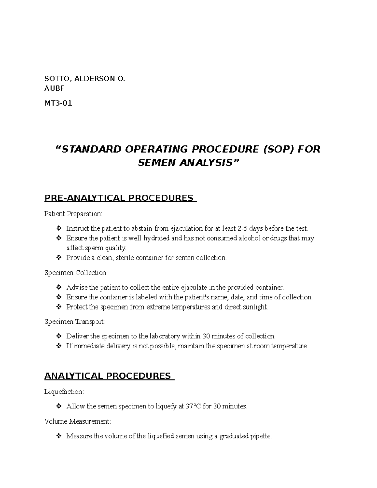 SOP Semen - Summary Urinalysis and Body Fluids - SOTTO, ALDERSON O ...