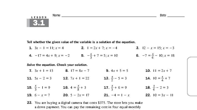 3.1 Lesson: Solving Equations and Real-World Applications - Studocu