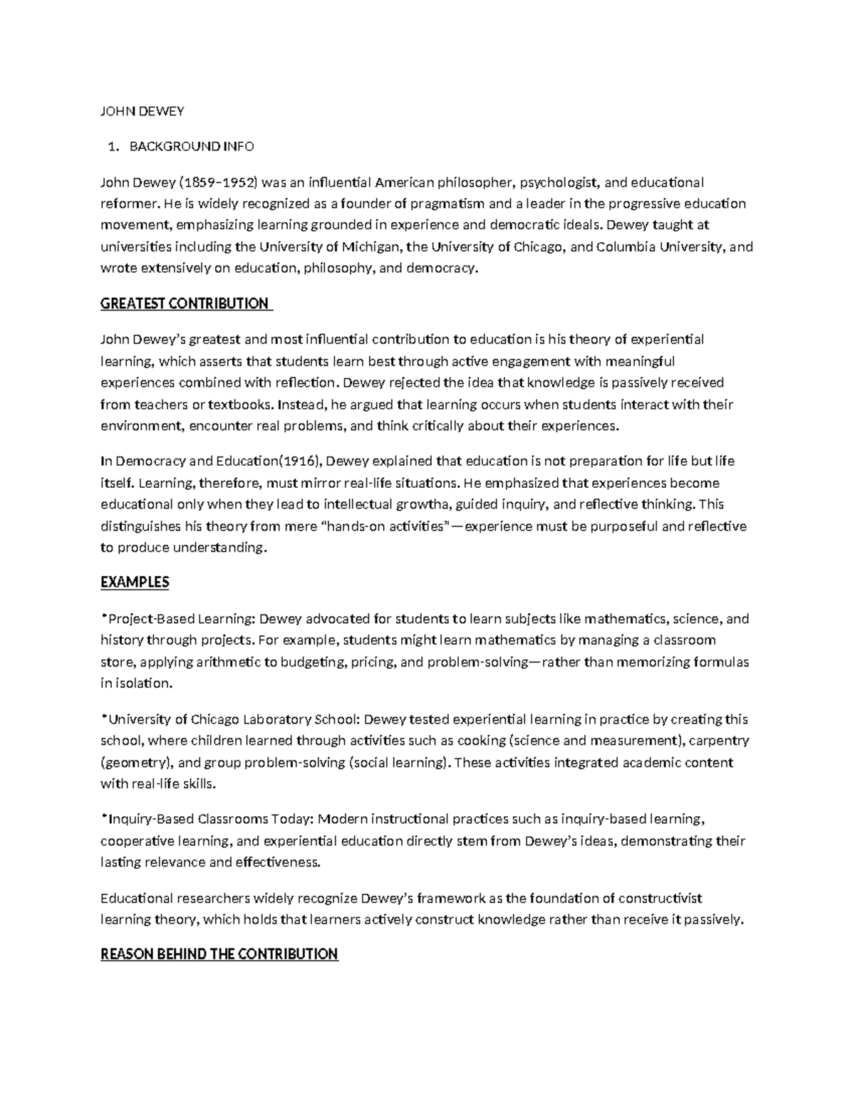 JOHN DEWEY & GEORGE COUNTS: Educational Theories Report - Studocu