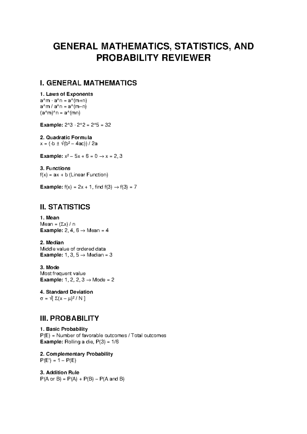 GENERAL MATHEMATICS, STATISTICS, AND PROBABILITY REVIEWER - Studocu