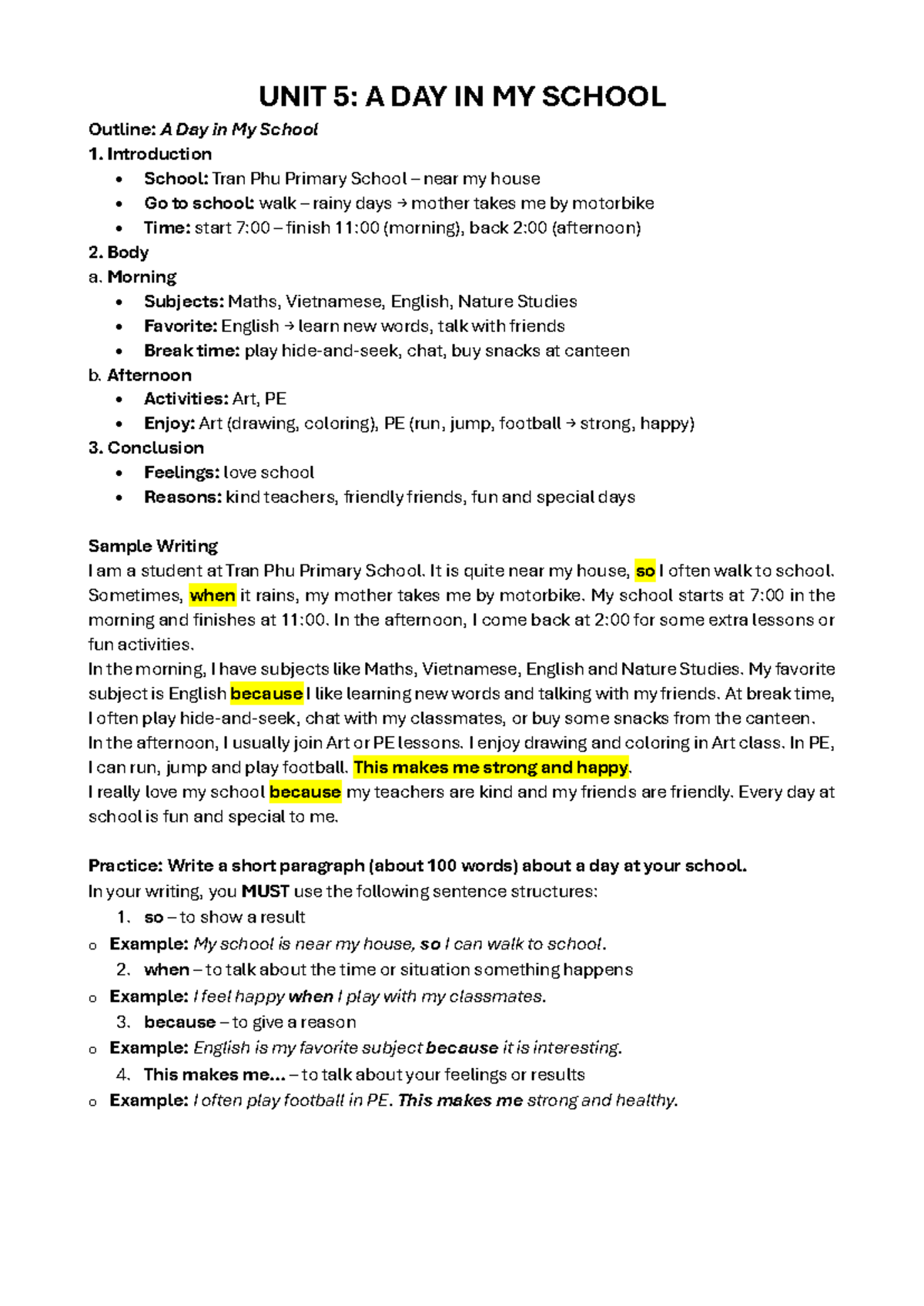 UNIT 5: A DAY IN MY SCHOOL Writing FT4 Outline - Studocu