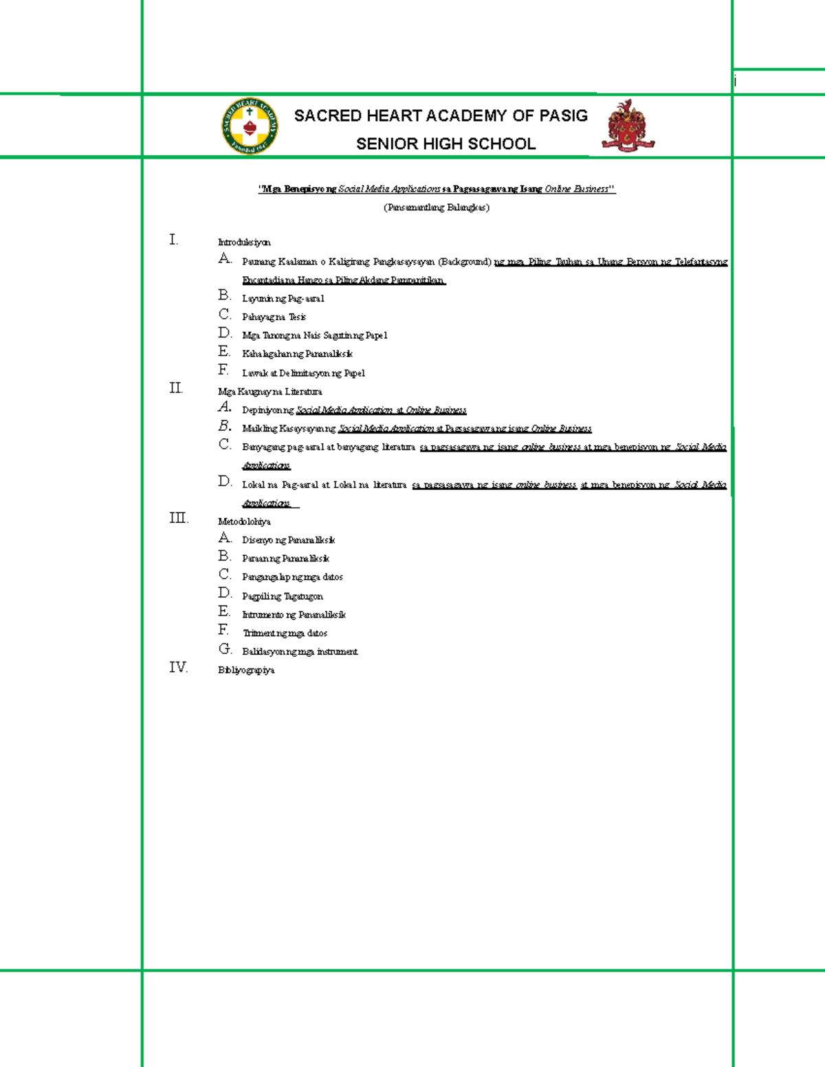Pansamantalang Balangkas halimbawa - i SACRED HEART ACADEMY OF PASIG ...