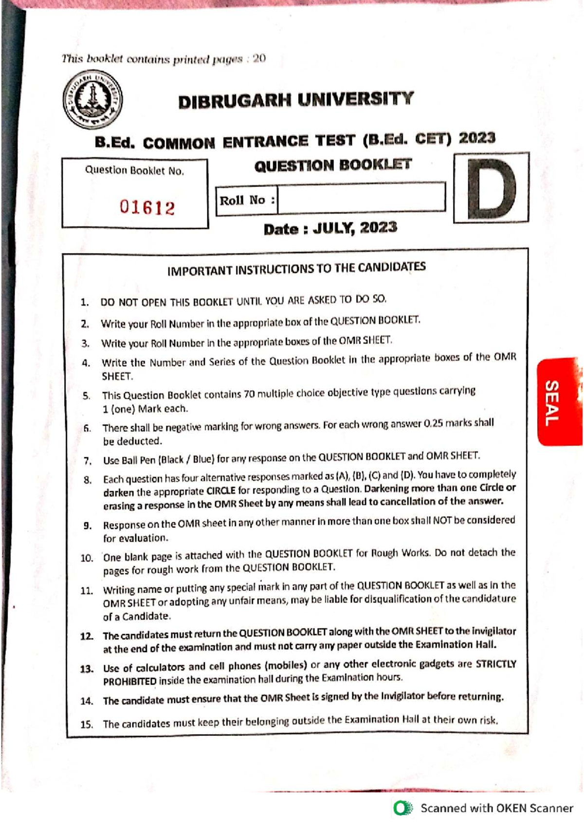 B.Ed. CET 2023 Dibrugarh University Question Booklet & Instructions ...