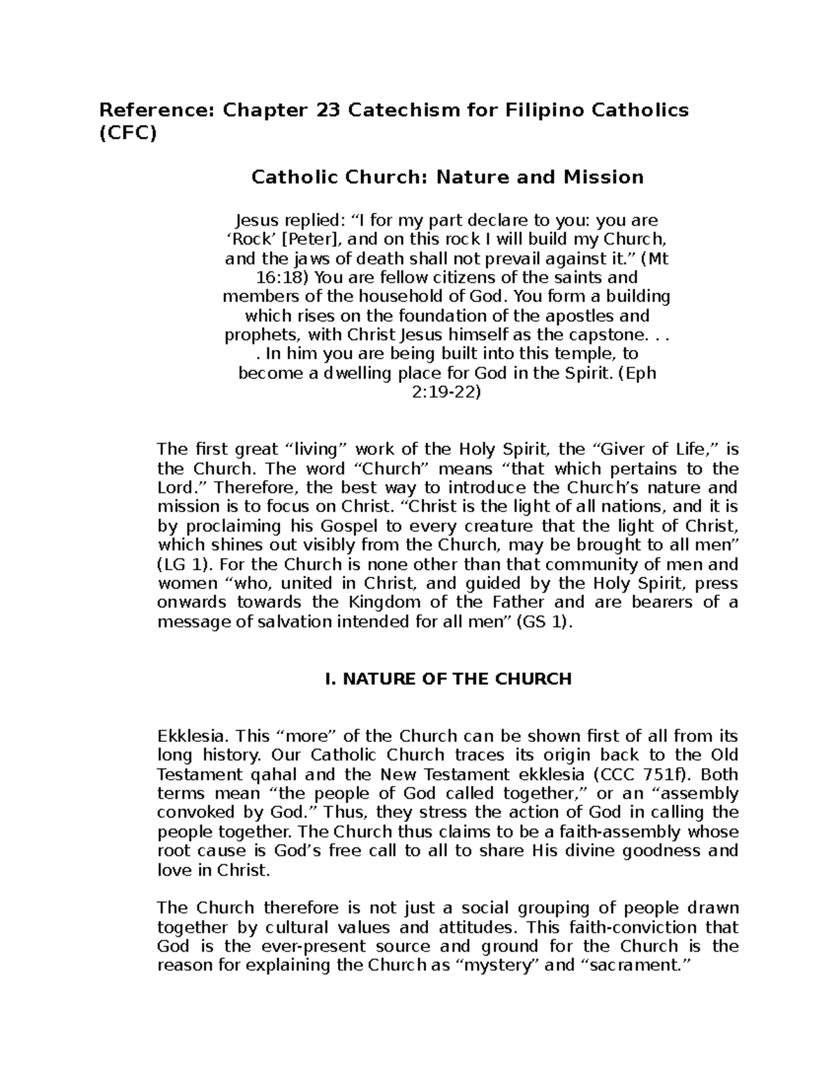 CFC 23: Understanding the Nature and Mission of the Church - Studocu