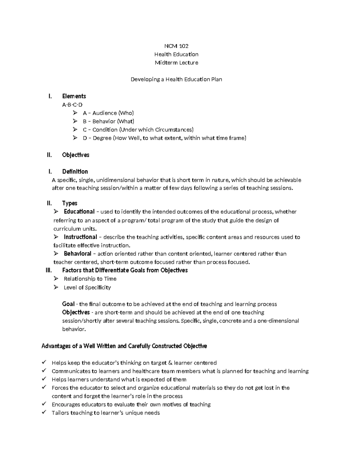 NCM 102 Midterm Lecture Notes on Developing Health Edu Plans - Studocu