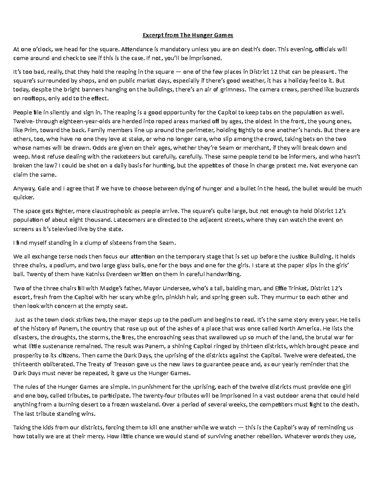 Hunger Games Analysis: Bell Ringer Insights from the Text - Studocu