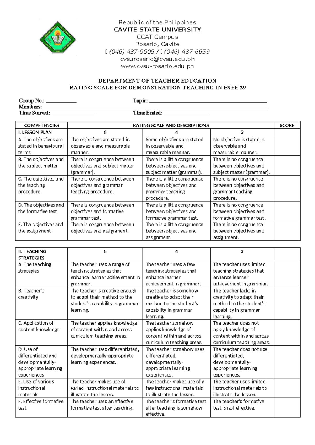 BSEE 29 Final Exam Rating Scale for Demonstration Teaching - Studocu