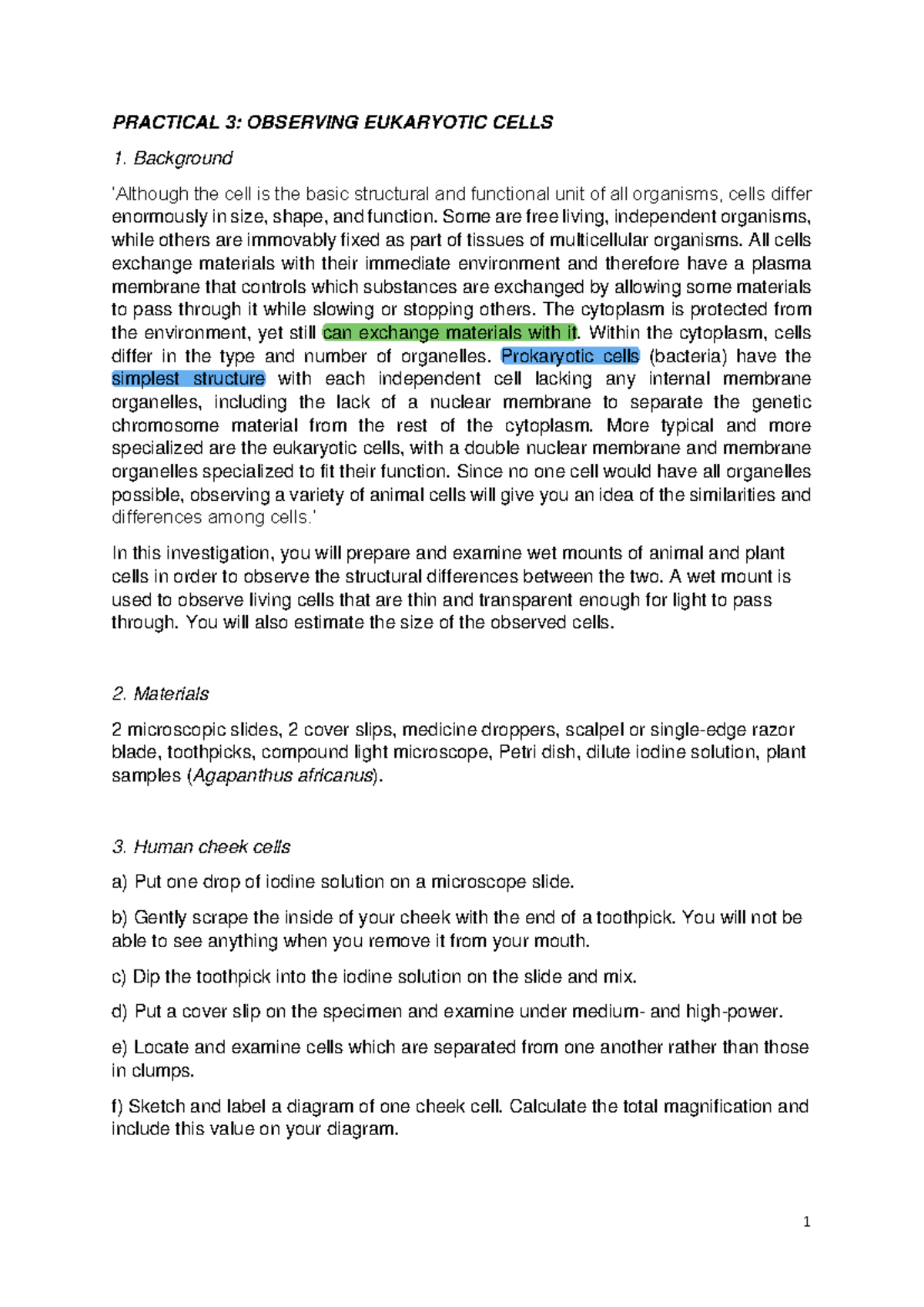 2025 BIO137 Practical 3: Observing Eukaryotic Cells and Structures ...