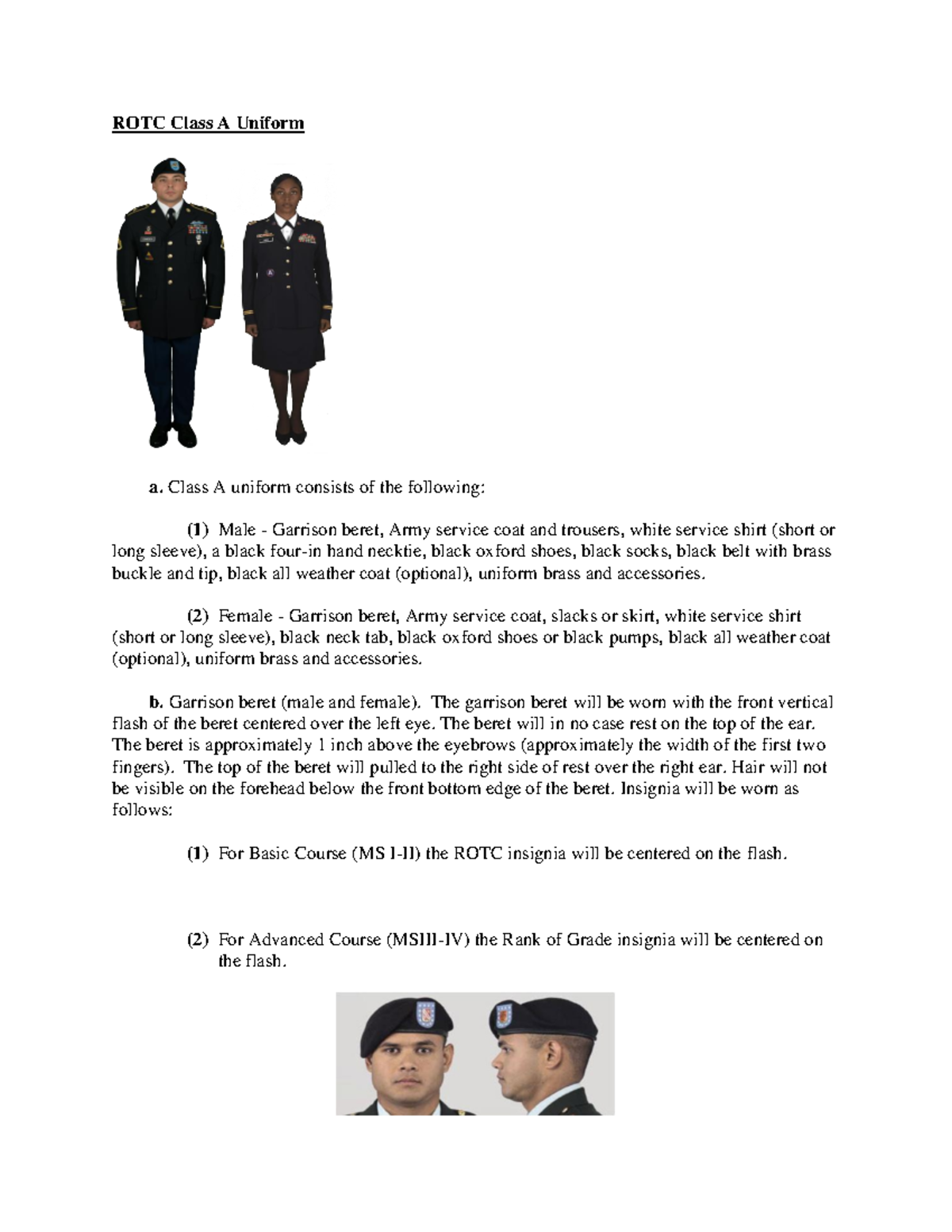 ROTC Uniform Guide - Comprehensive Overview of Class A, B, C - Studocu