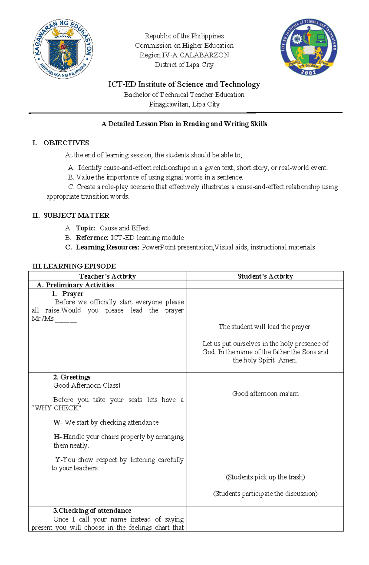Detailed Lesson Plan: Reading and Writing Skills (R&W 11) - Studocu