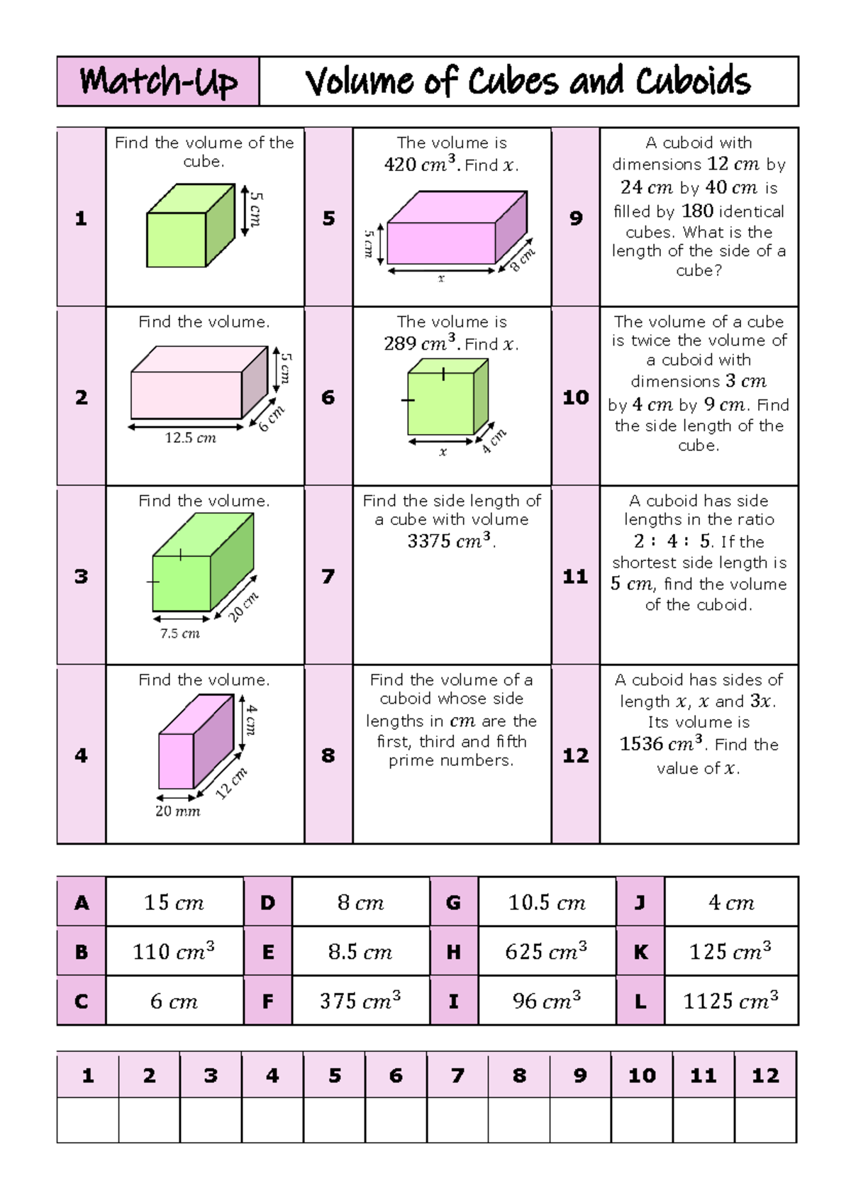 Volumes of Cubes and Cuboids: Match-Up Exercises - Studocu