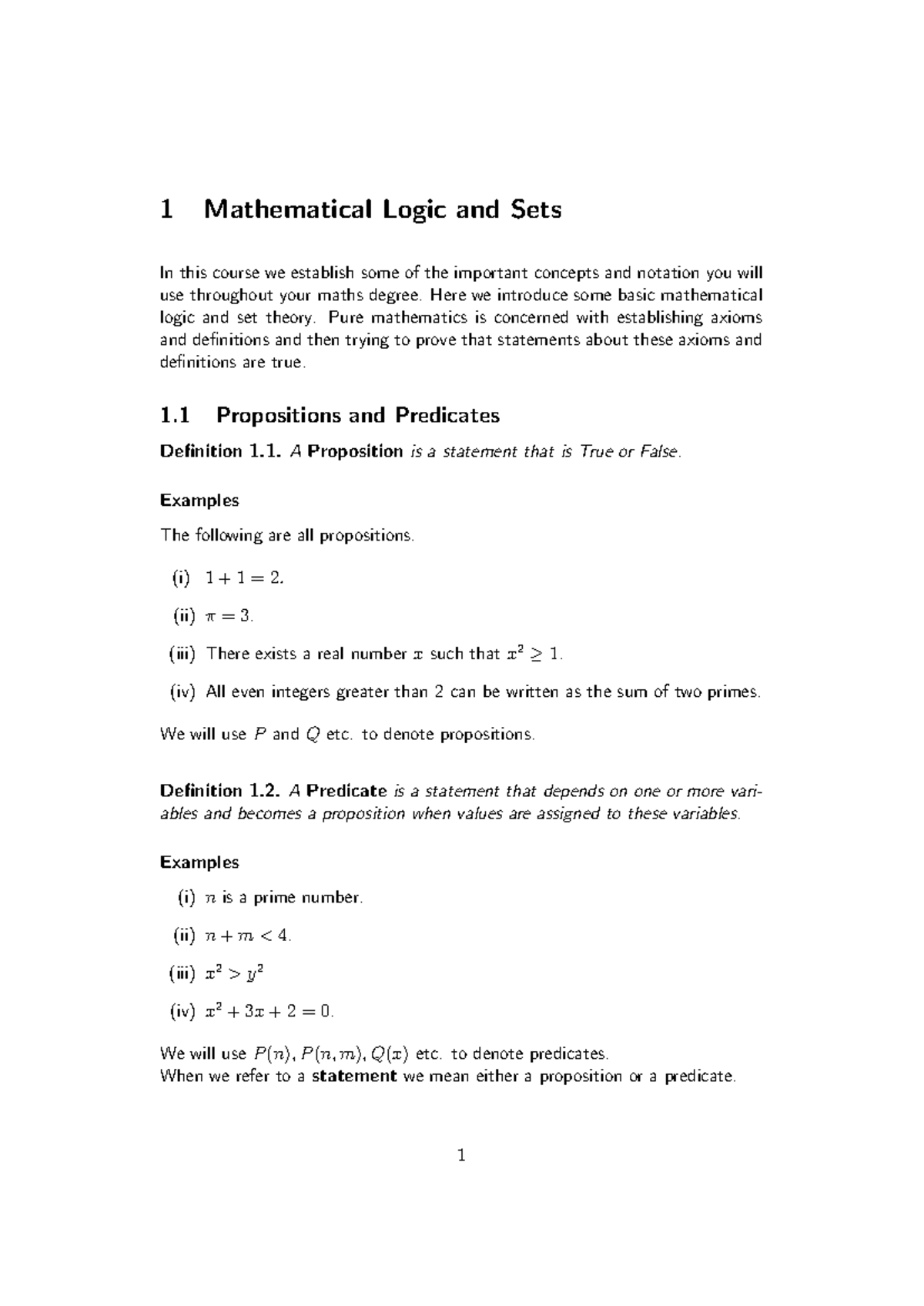 Mathematical Logic and Sets: Lecture Notes (Course Code: 1) - Studocu