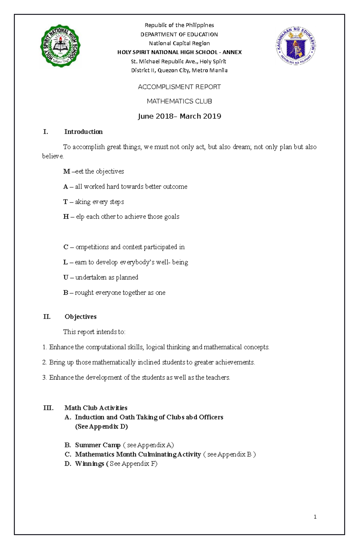 Math Club Accomplishment Report 2018-2019 at HSNC-ANNEX - Studocu