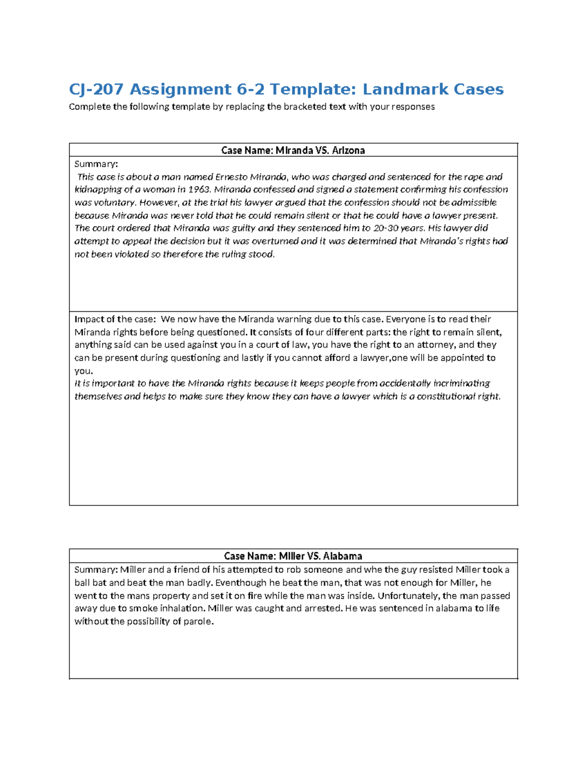 CJ-207 6-2 Assignment: Landmark Cases Overview and Analysis - Studocu