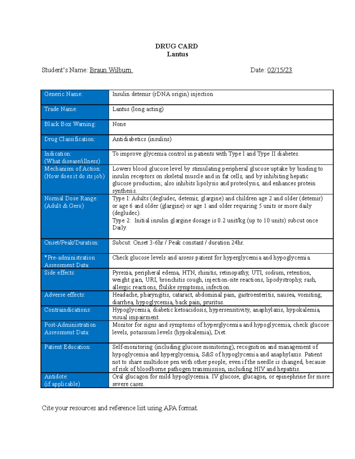 Lantus Drug Card - Insulin Detemir - Nursing Study Guide (PHARM 101 ...