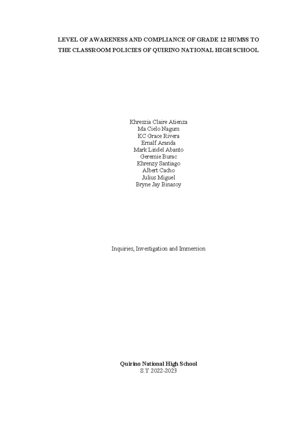 Chapter 1: Research Paper on Grade 12 HUMSS Awareness of QNHS Policies ...
