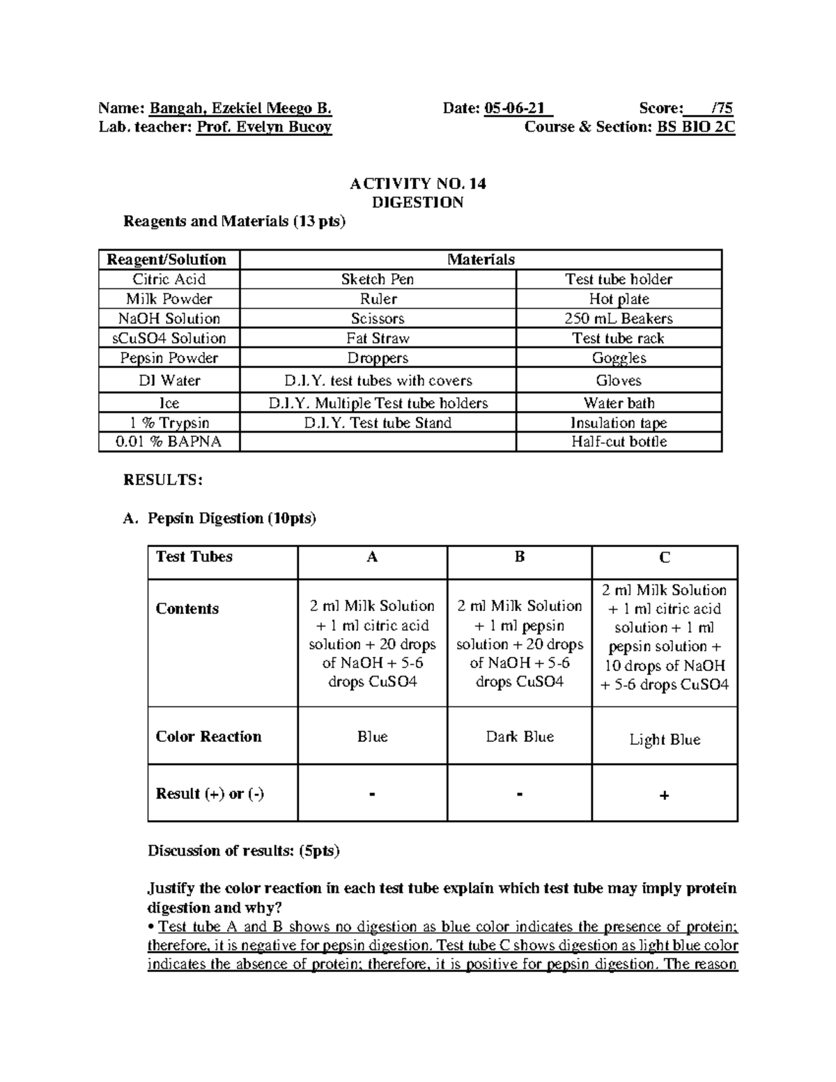 BS BIO 2C Activity 14 Worksheet on Digestion Experiments - Studocu