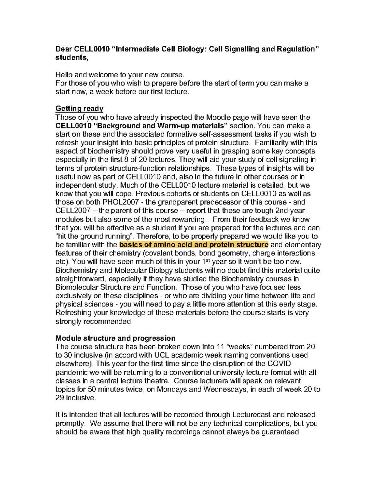 Welcome Letter for CELL0010: Intermediate Cell Biology 2023-24 - Studocu
