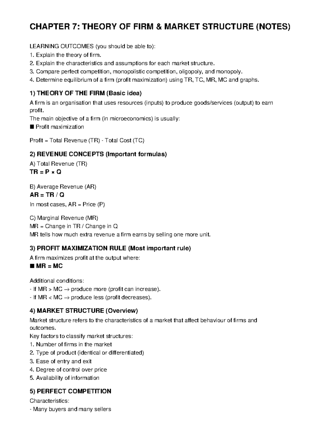 ECO162 Chapter 7: Theory of Firm Market Structure Notes - Studocu
