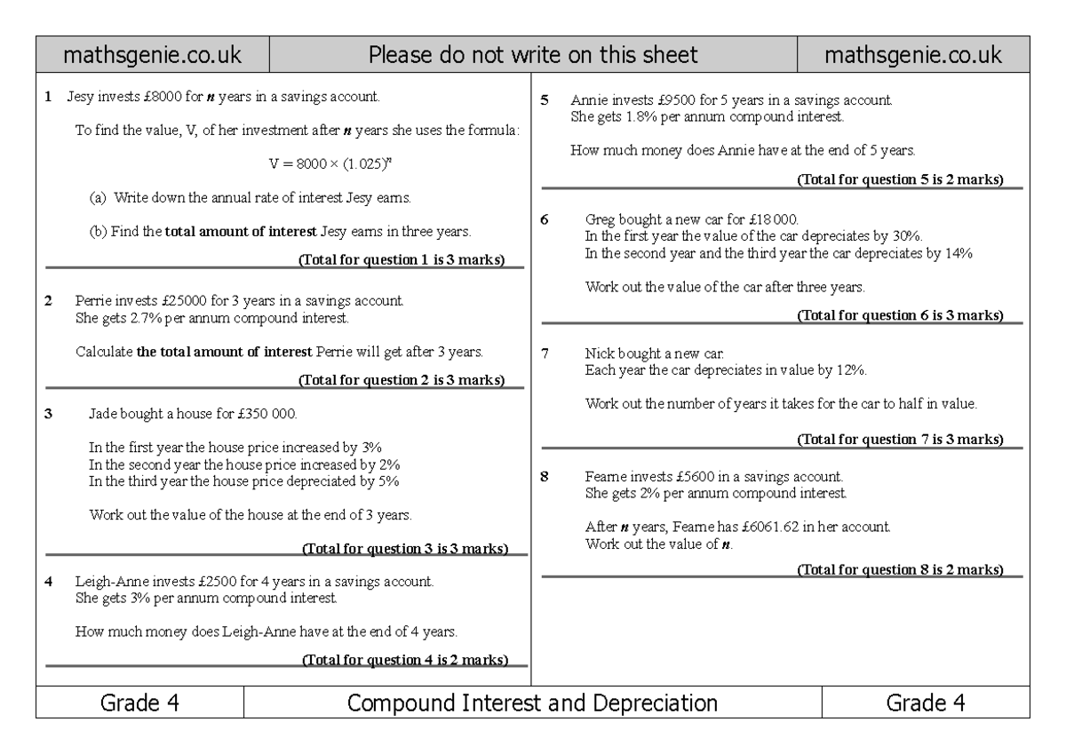 Grade 4 Compound Interest & Depreciation Practice Worksheet - Studocu