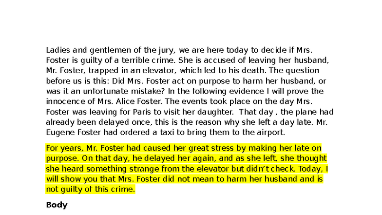 Case Study: Defense Argument for Mrs. Foster's Innocence in Elevator ...