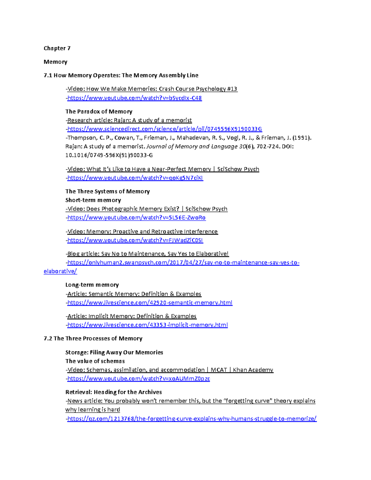 Ch - Class - Chapter 7 Memory 7 How Memory Operates: The Memory ...