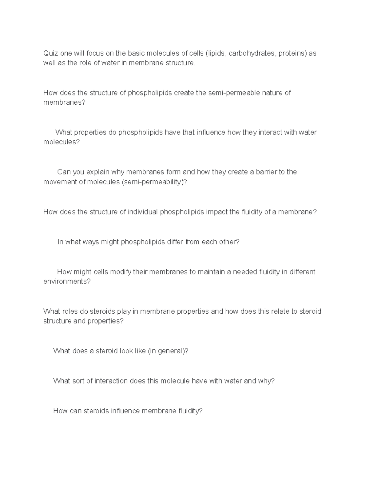 Quiz 1: Fundamentals of Cell Molecules & Membrane Structure - Studocu