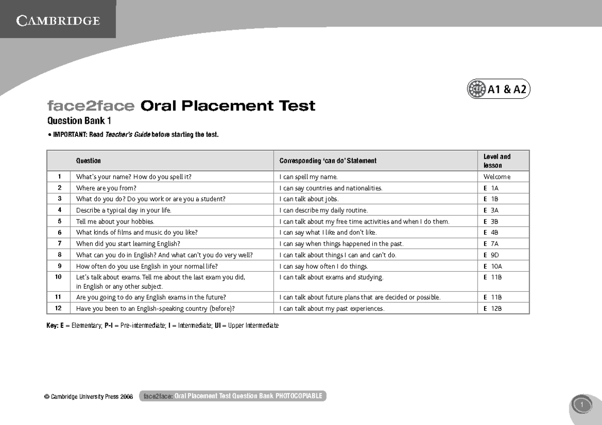 Oral Placement Test Question Bank: face2face CEF Levels A1-B2 - Studocu