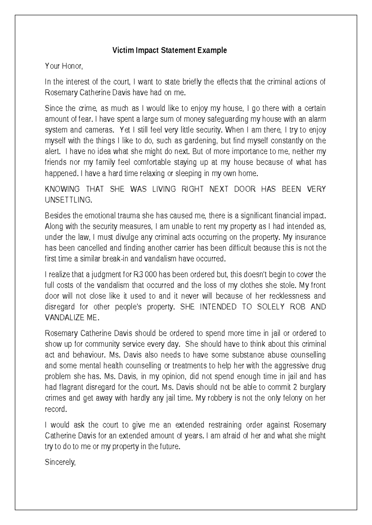 Victim Impact Statement Example: Effects of Crime on Personal Security ...