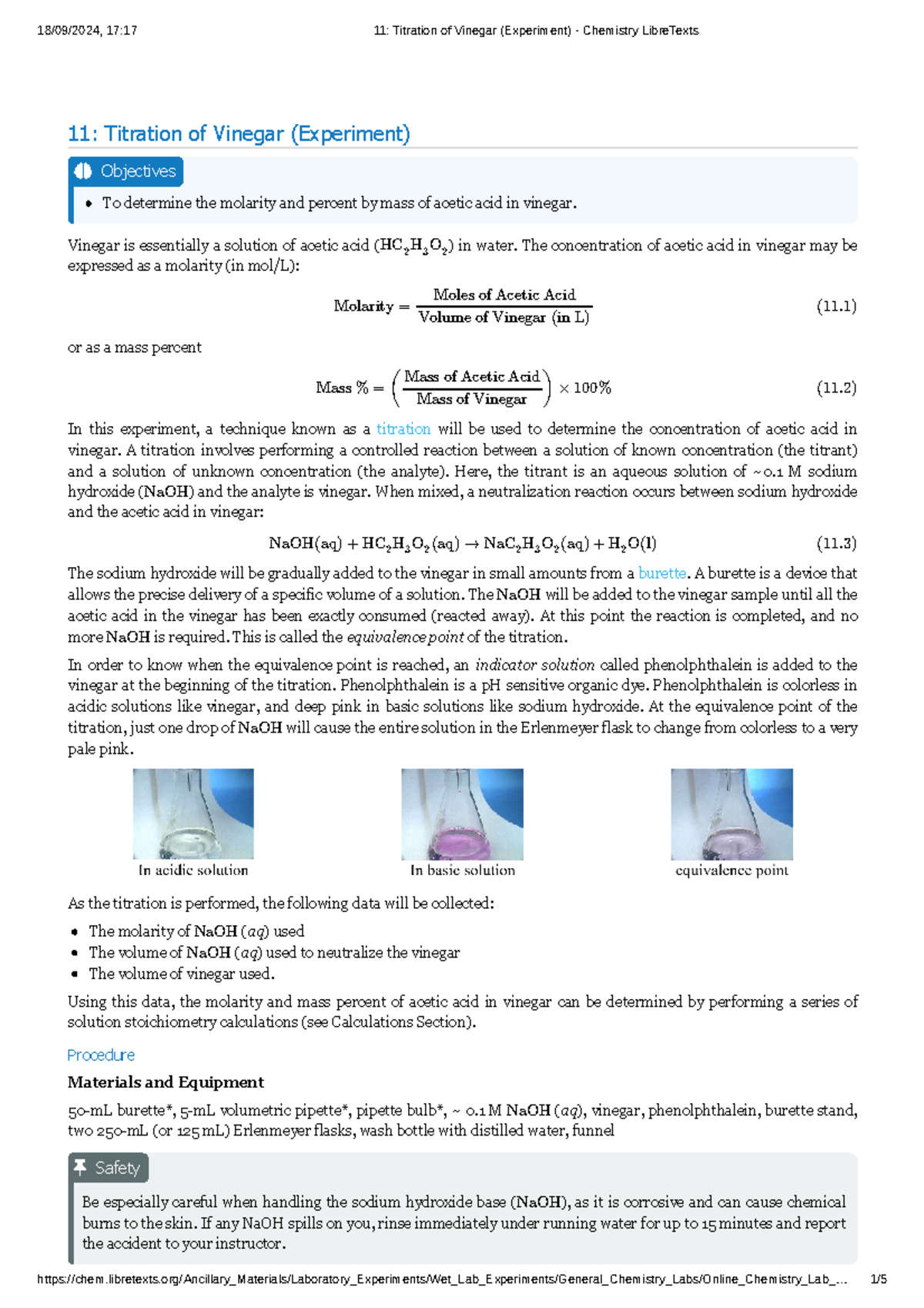 11 Titration of Vinegar Lab (Experiment) - Chemistry I (Chem 101) - Studocu