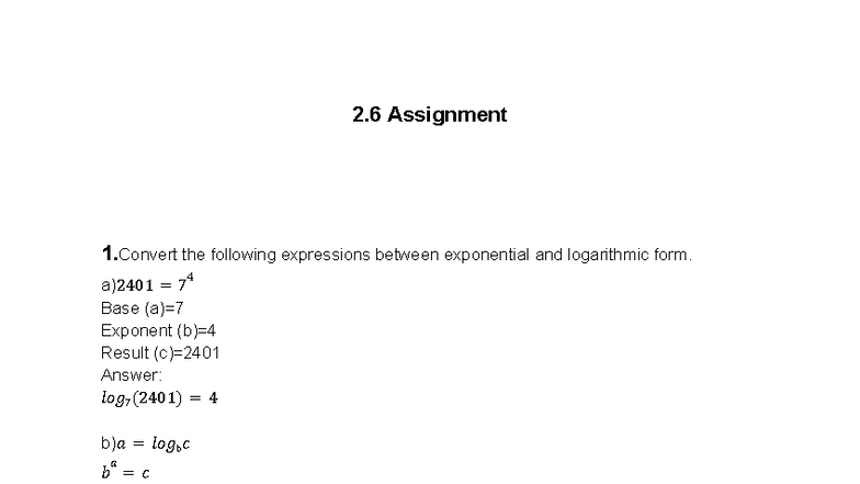 2.6 Assignment: Converting Exponential and Logarithmic Expressions ...