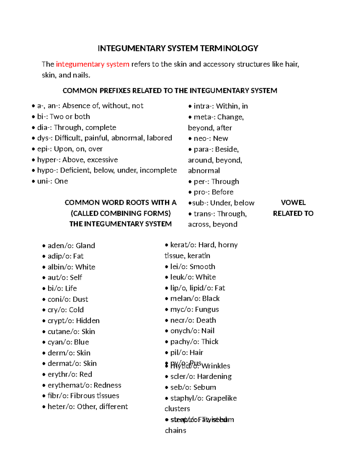 INTEGUMENTARY SYSTEM TERMINOLOGY: KEY TERMS AND FUNCTIONS - Studocu