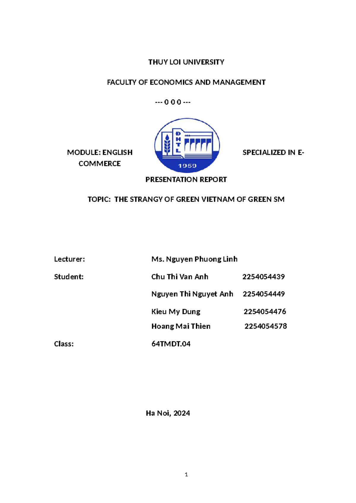 Group 1 Report - phân tích về Xanh SM - THUY LOI UNIVERSITY FACULTY OF ...