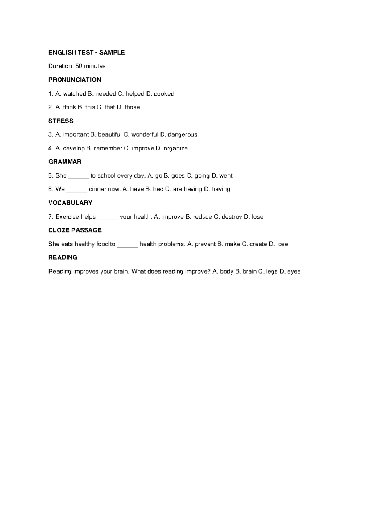 ENGLISH TEST SAMPLE (GK) - Pronunciation, Stress, Grammar, Vocabulary ...