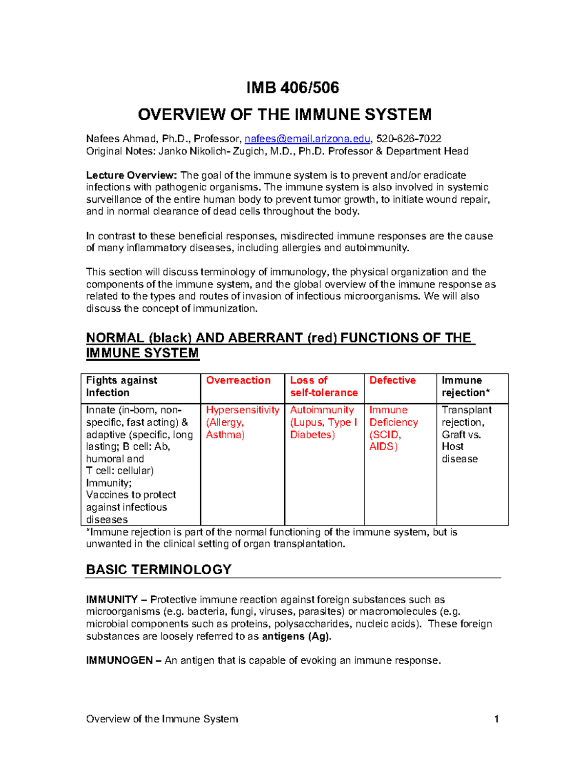 IMB 406/506 Lecture Notes: Overview of the Immune System - Studocu
