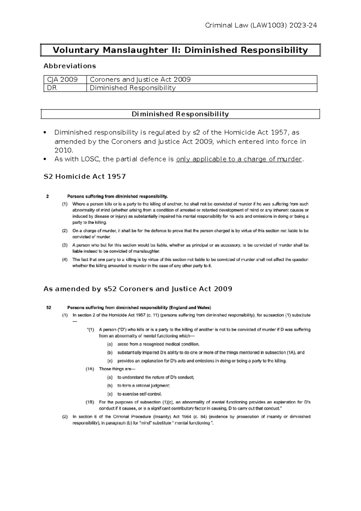 Criminal Law (LAW1003) Diminished Responsibility: Key Concepts and Cases - Studocu