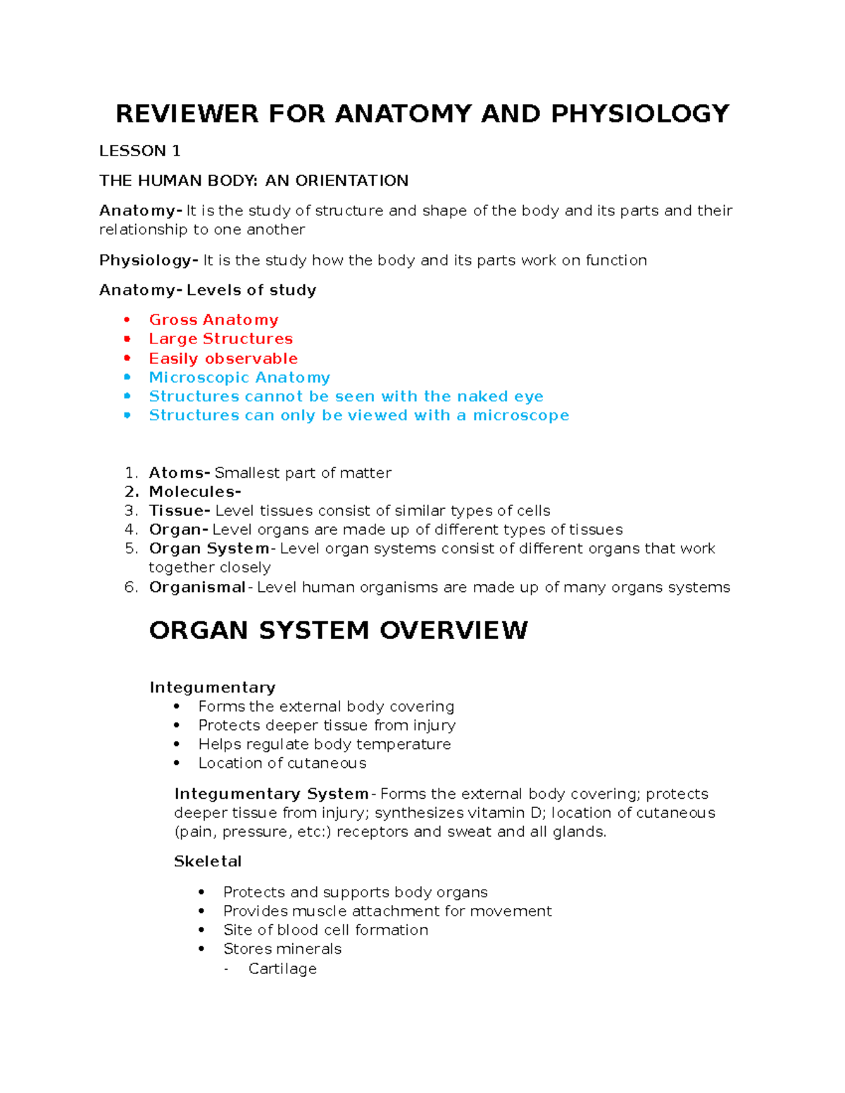 Anatomy and Physiology Reviewer - Lesson 1 Overview 072221 - Studocu