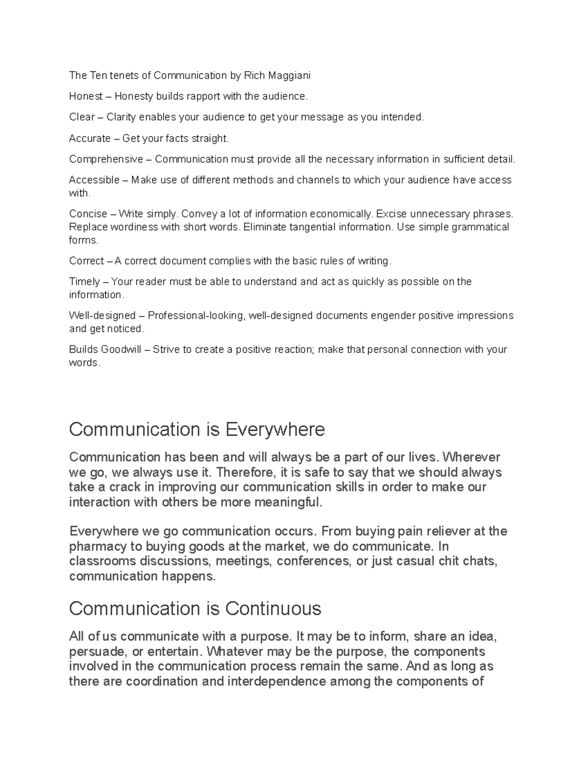 Ten Tenets of Communication (COM101) Study Notes - Studocu