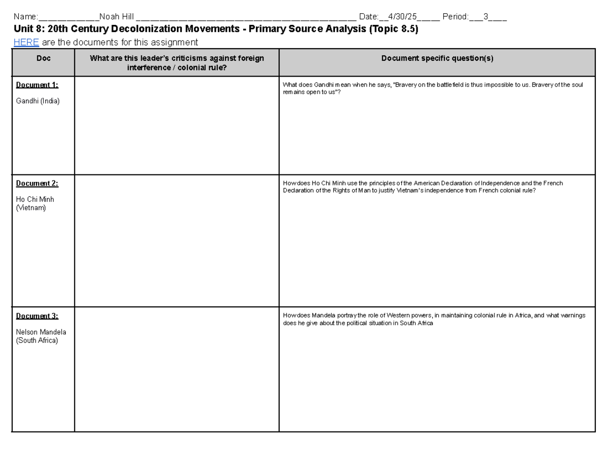 Hill Unit 8: Analyzing 20th Century Decolonization Movements - Studocu
